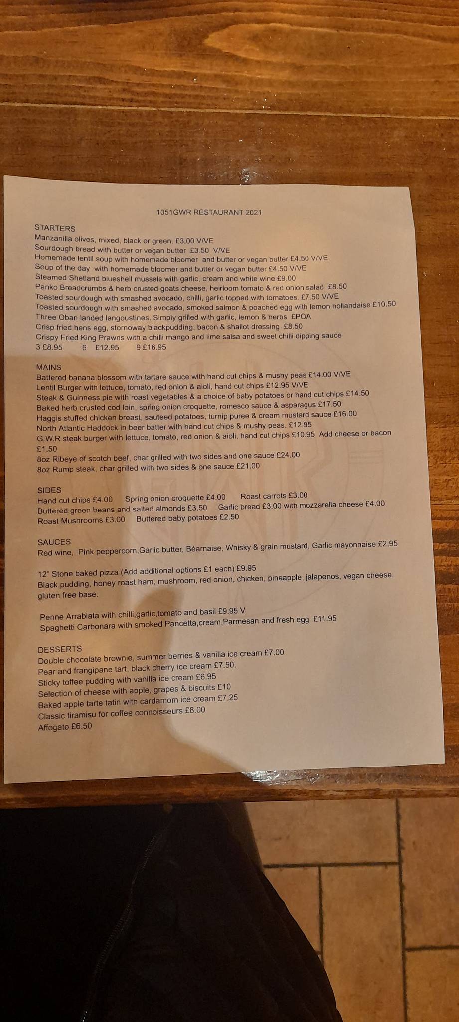 Menu at 1051 GWR restaurant, Glasgow, Great Western Rd