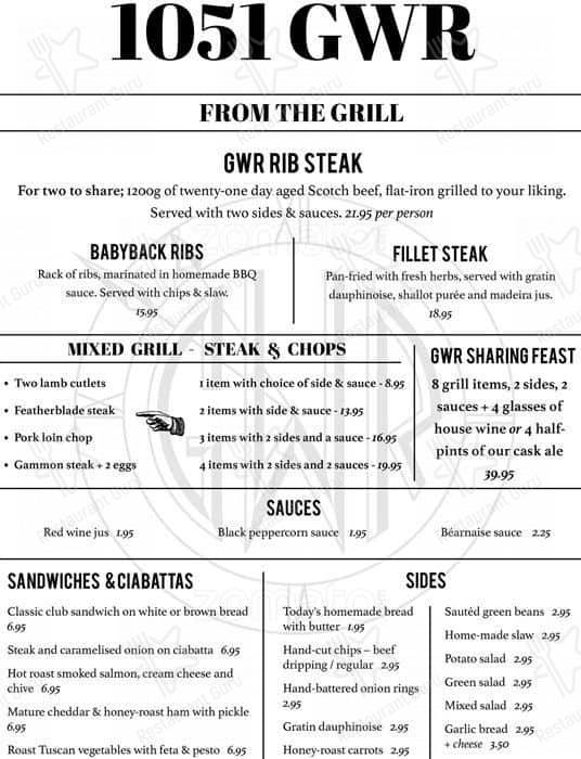 Menu at 1051 GWR restaurant, Glasgow, Great Western Rd
