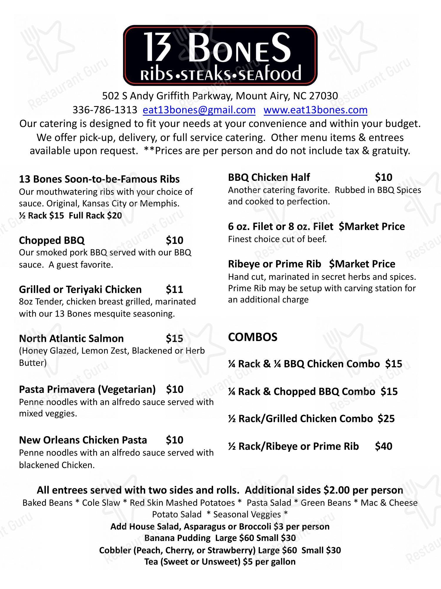 Menu at 13 Bones Restaurant, Mount Airy