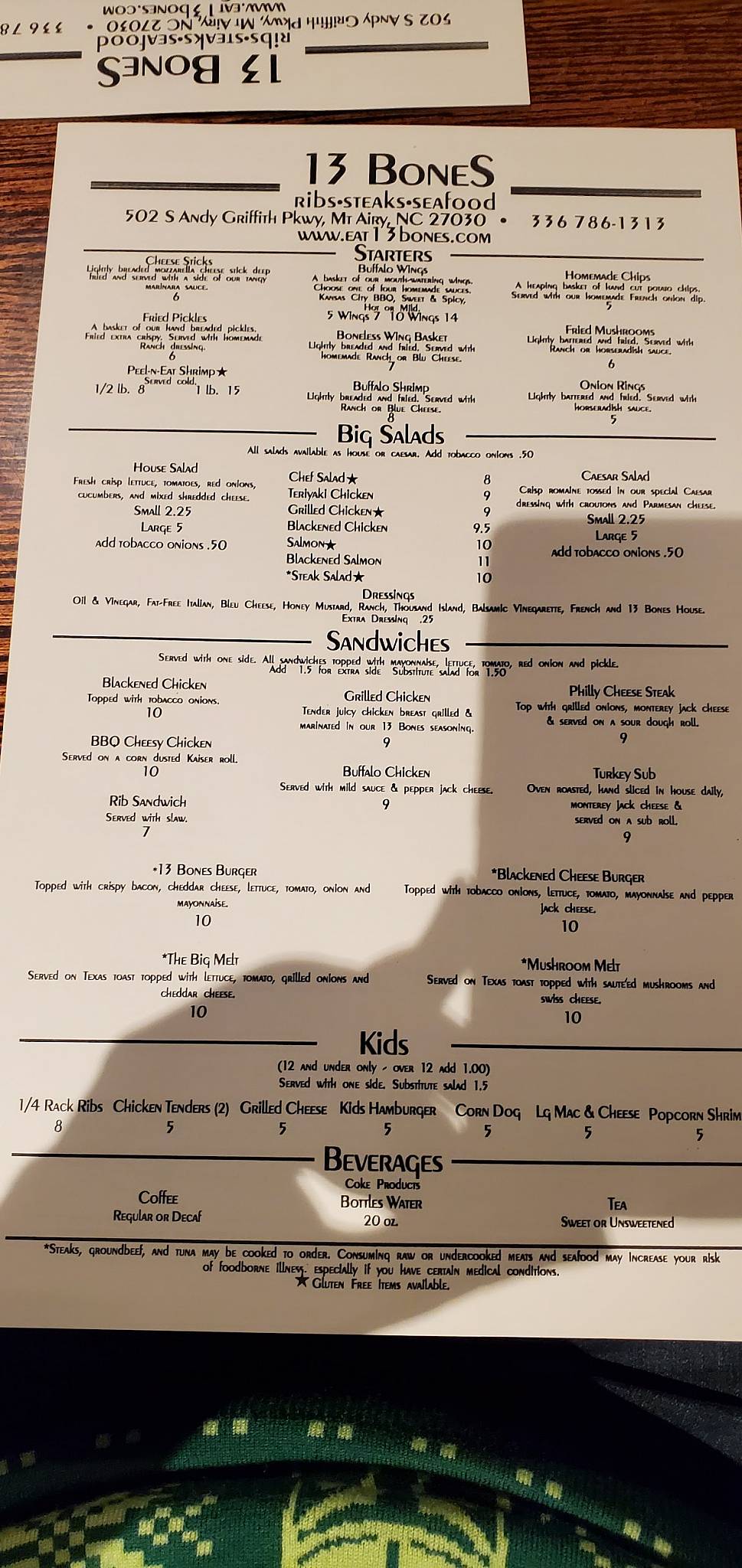Menu at 13 Bones Restaurant, Mount Airy