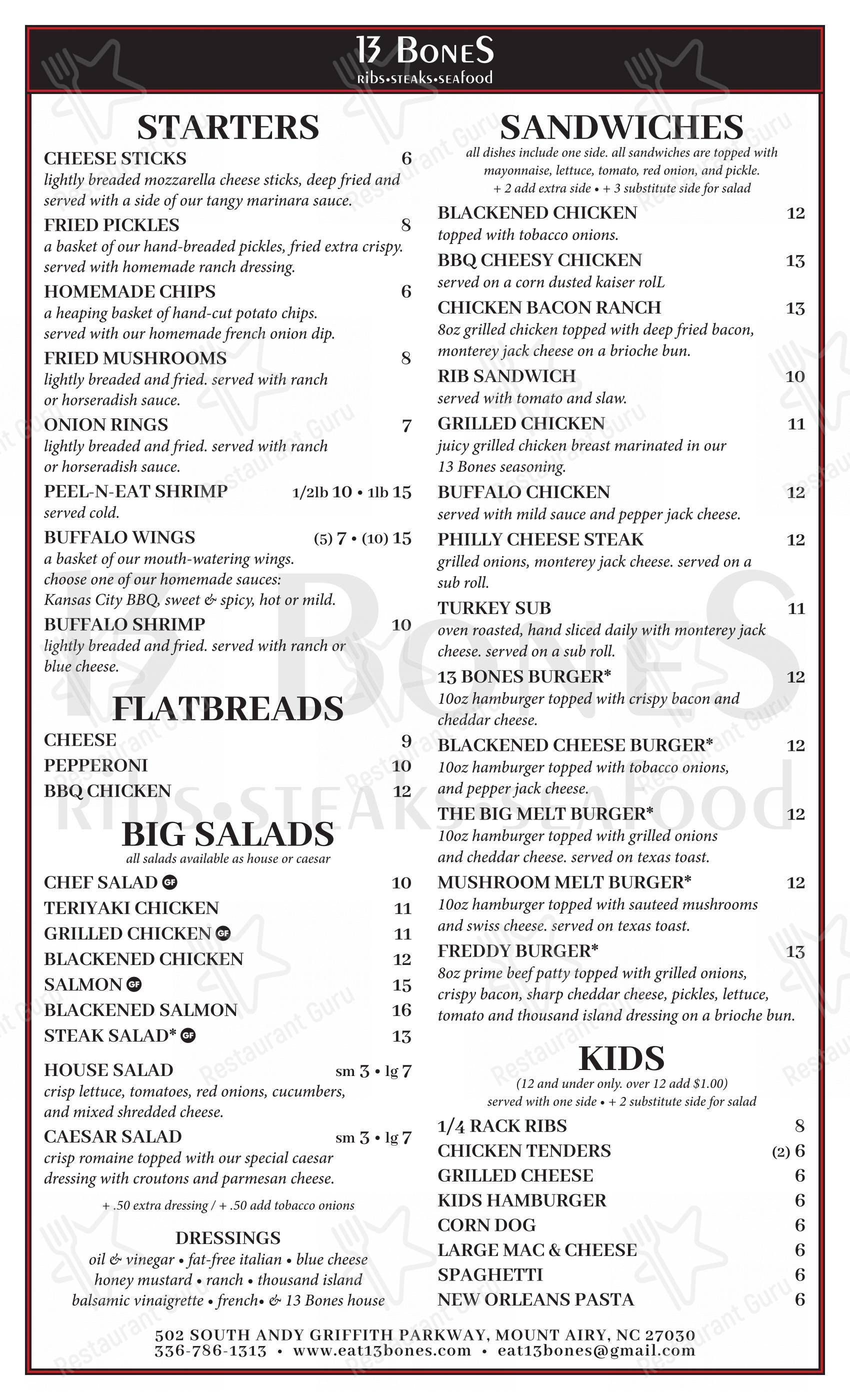 Menu at 13 Bones Restaurant, Mount Airy