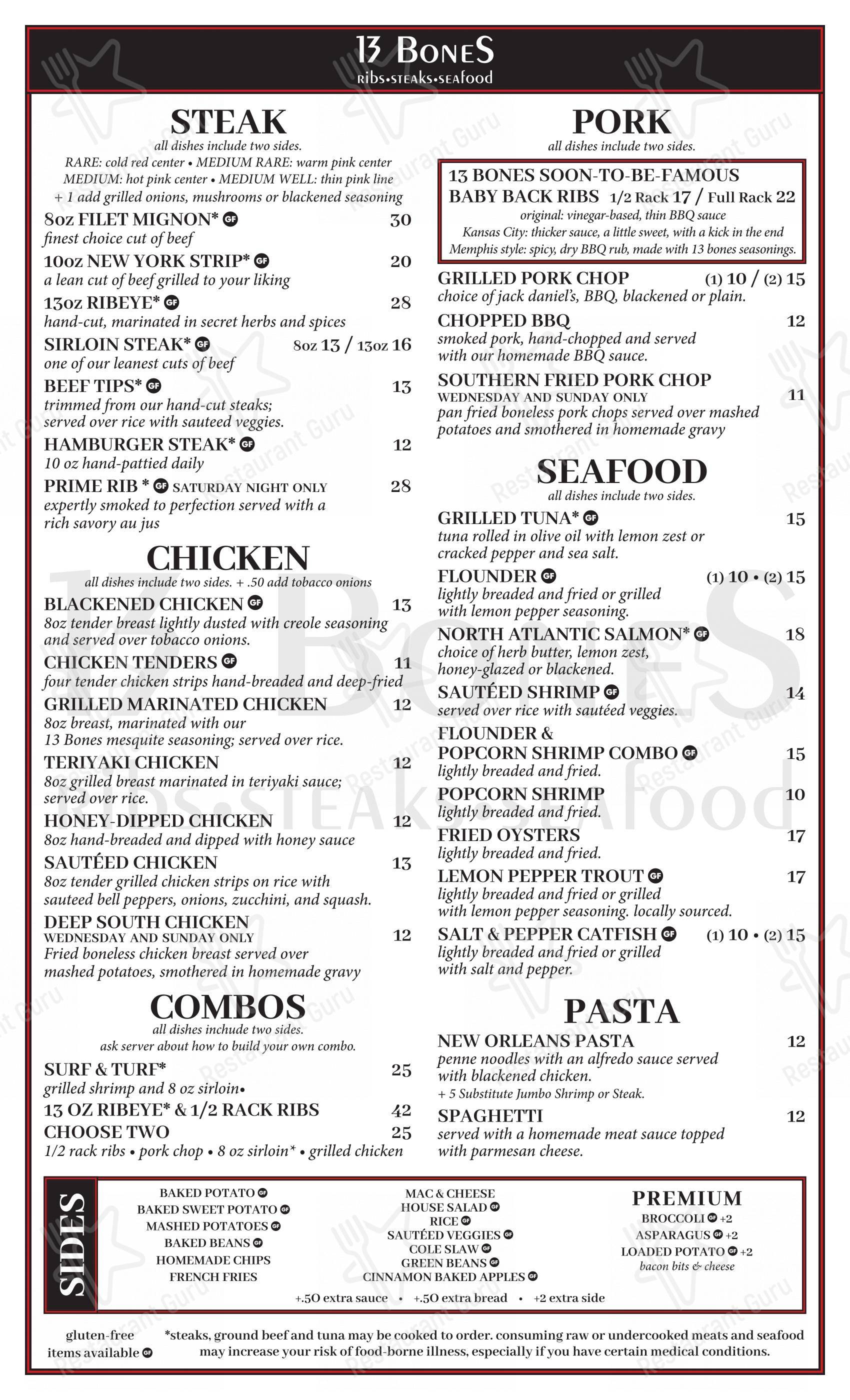 Menu at 13 Bones Restaurant, Mount Airy