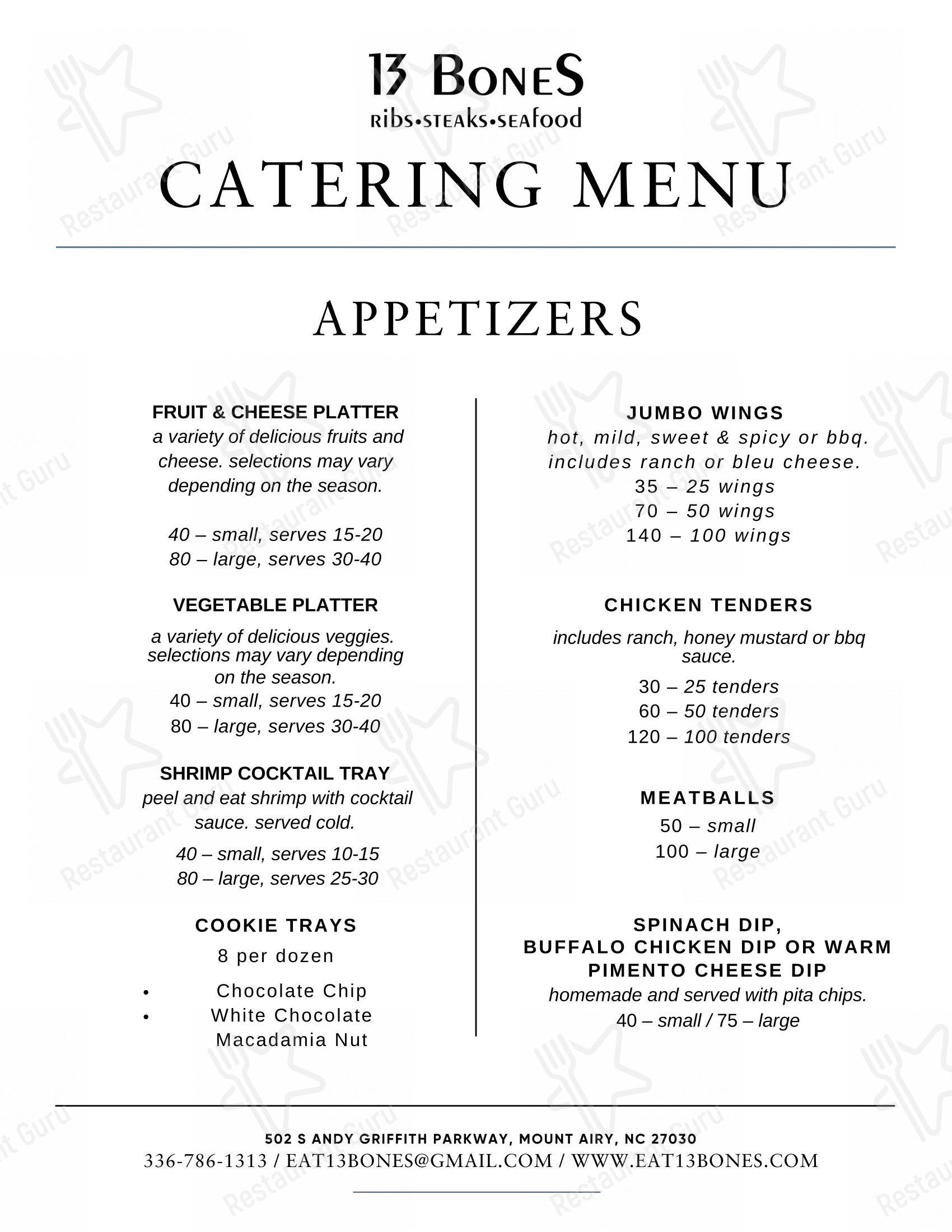 Menu at 13 Bones Restaurant, Mount Airy