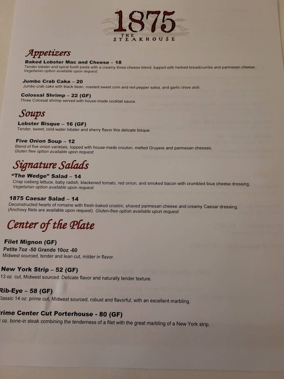 Menu at 1875: The Steakhouse, French Lick