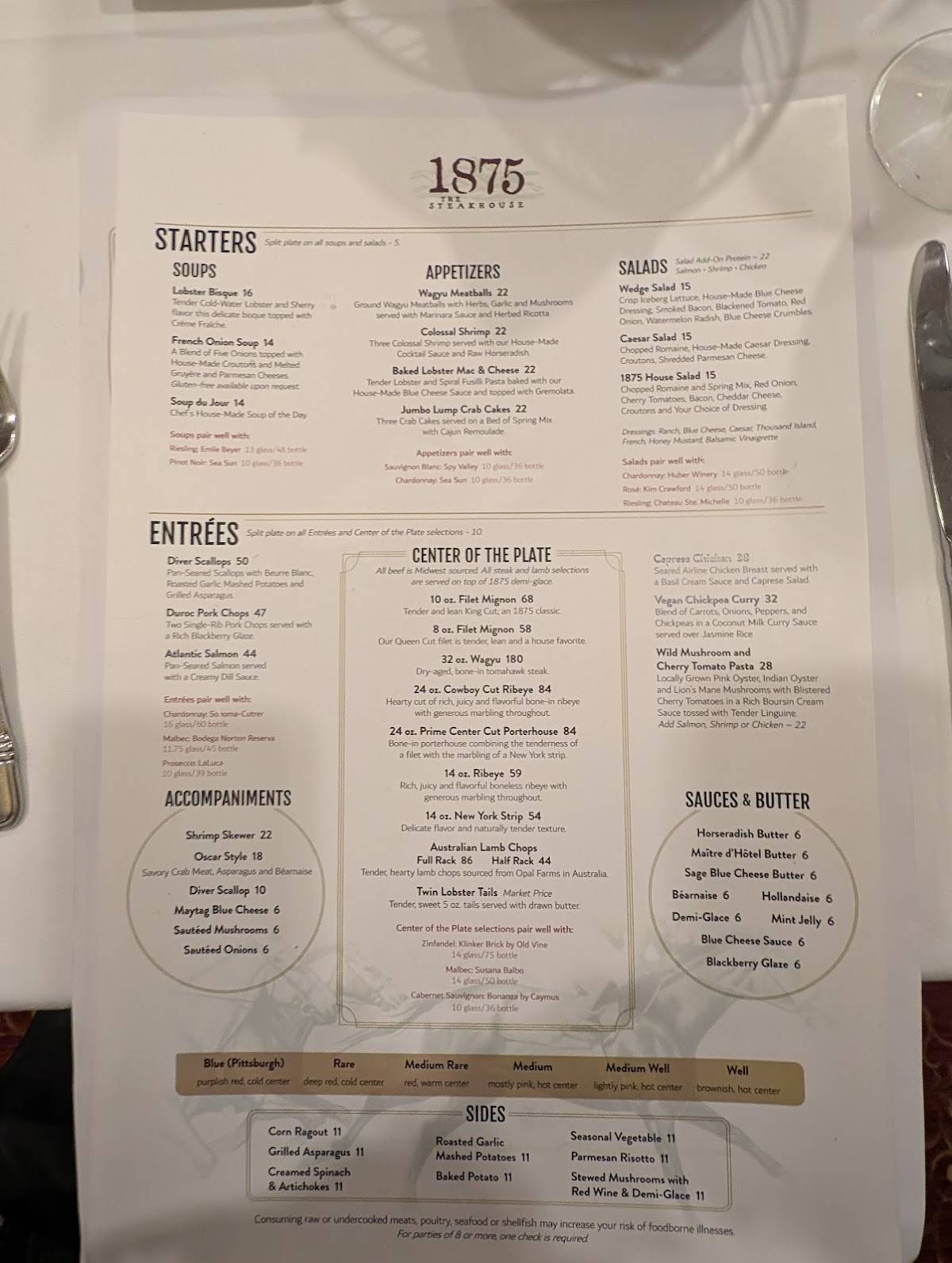 Menu at 1875: The Steakhouse, French Lick