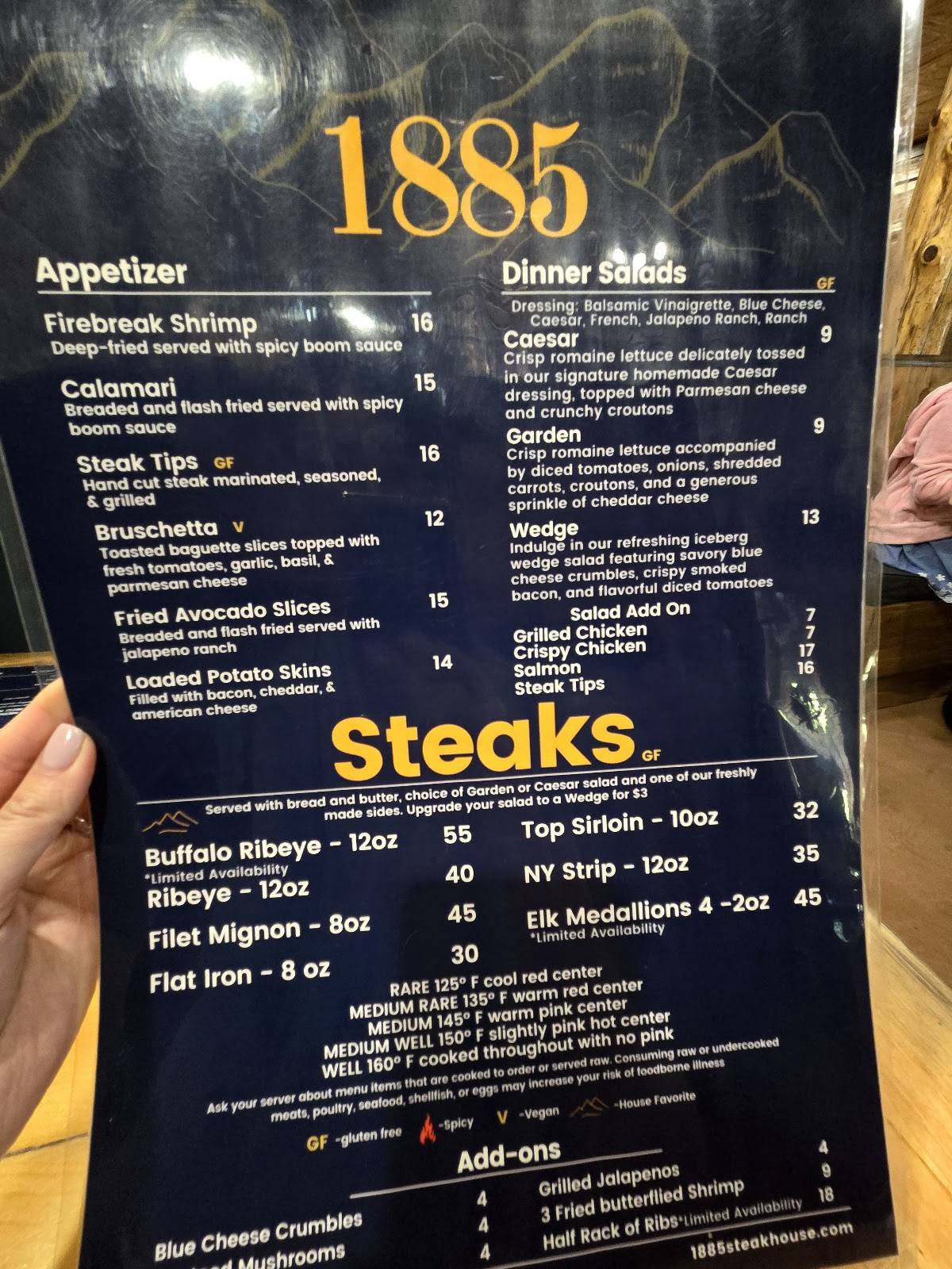 Menu at 1885 Steakhouse & Saloon, Hill City
