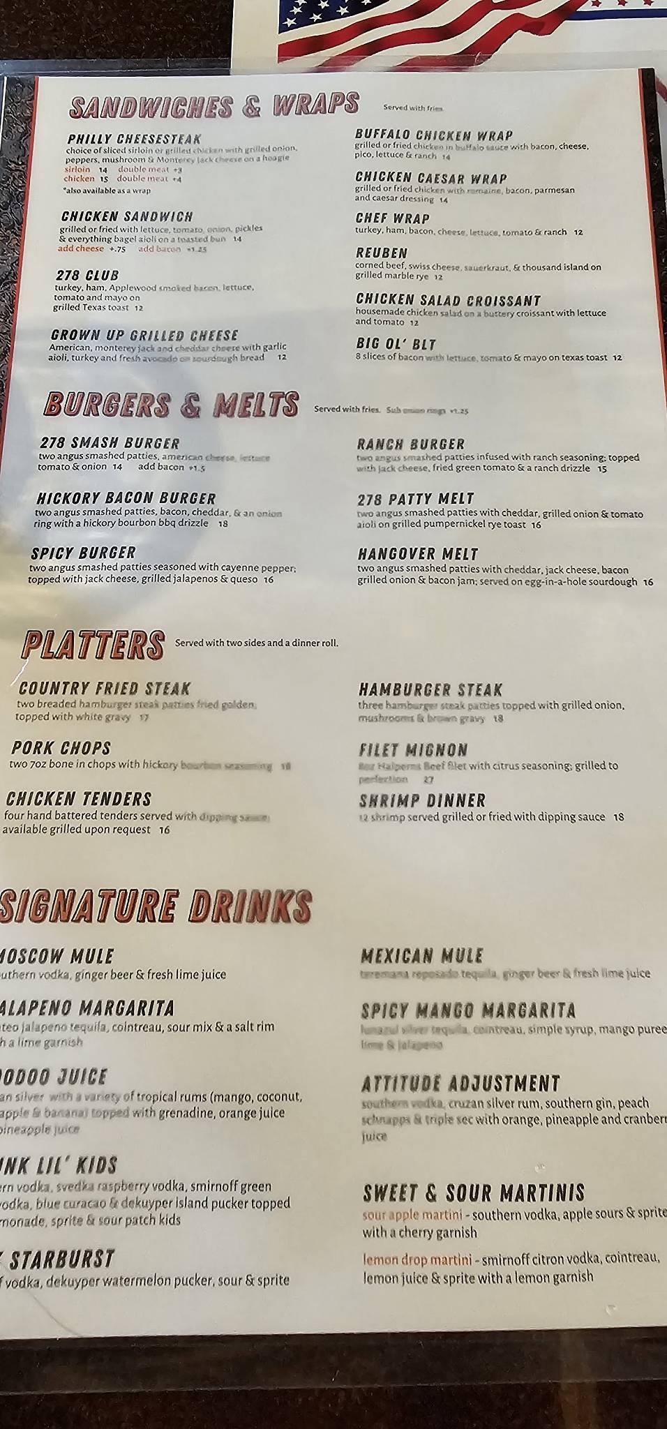 Menu at 278 South pub & bar, Hiram, Atlanta Hwy