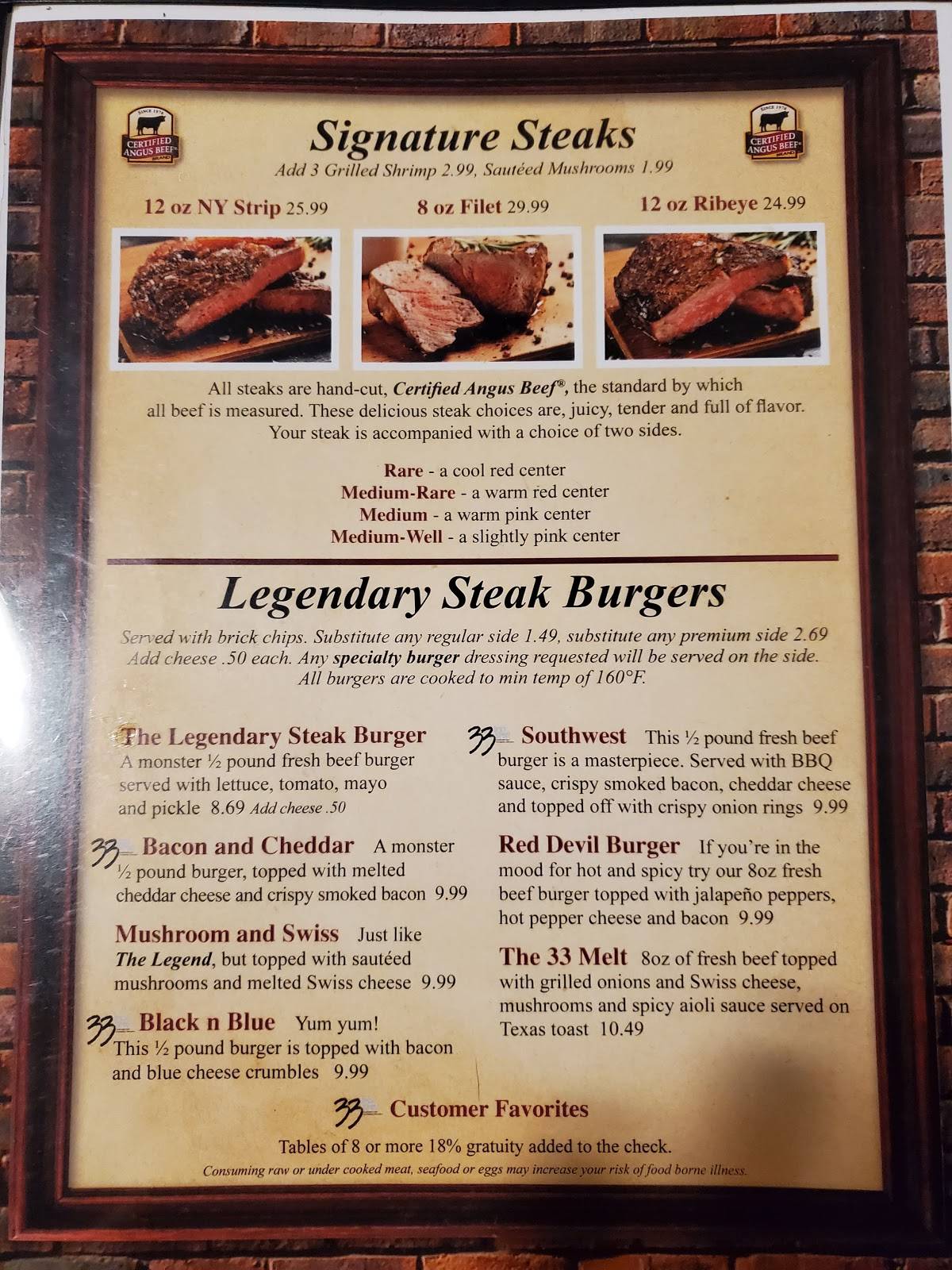 Menu at 33 Brick Street pub & bar, French Lick, 480 S Maple St
