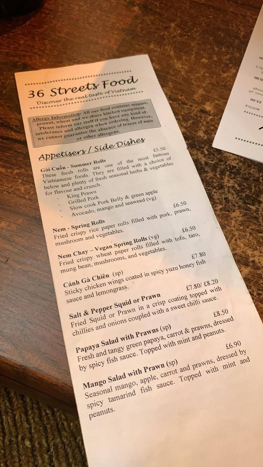 Carta de 36 Streets Food - Vietnamese Restaurant, Kingston-upon-Thames