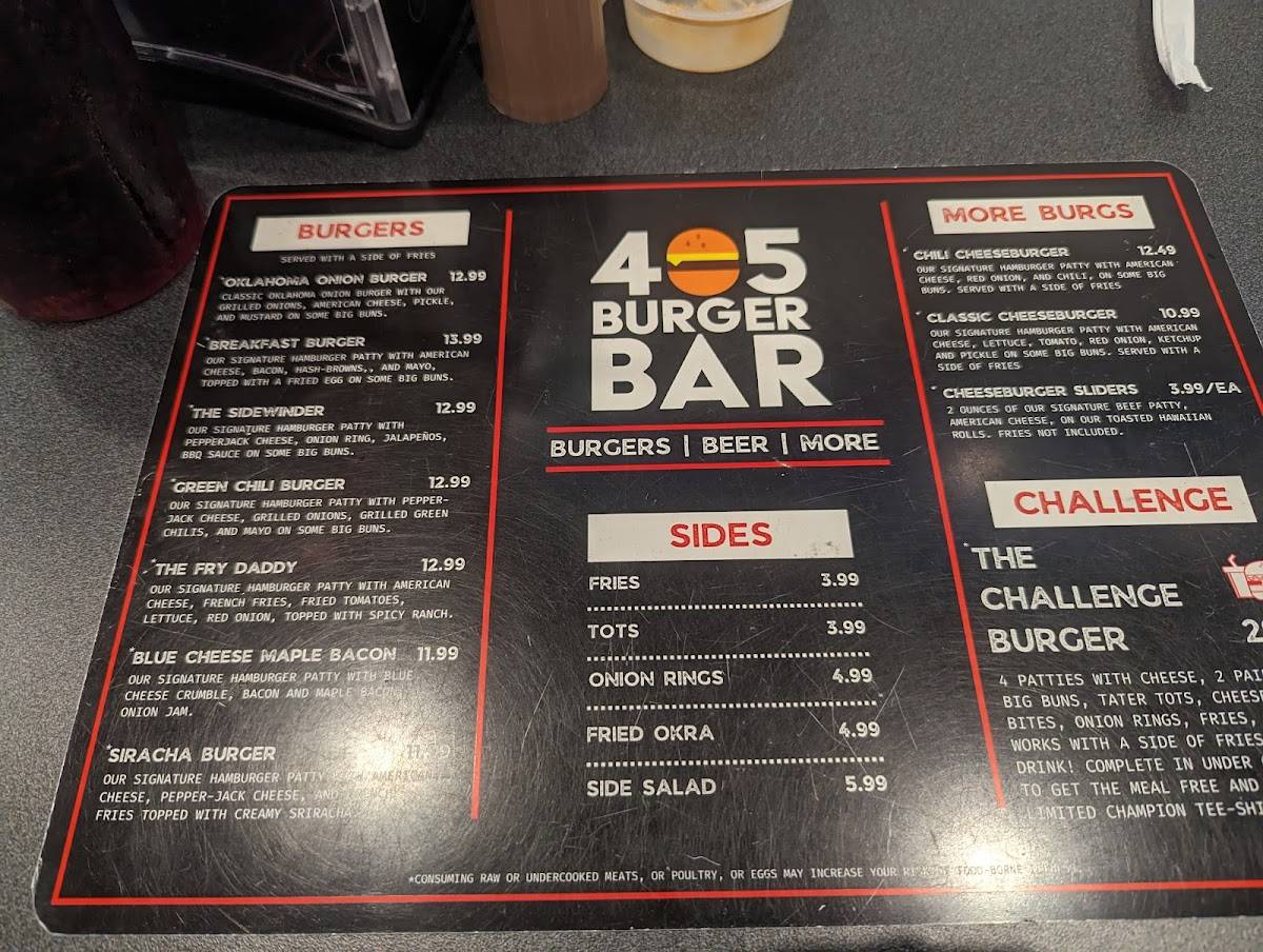 Menu at 405 Burger Bar, Norman