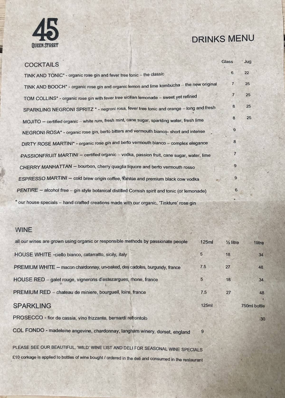 Menu at 45 Queen Street restaurant, Penzance
