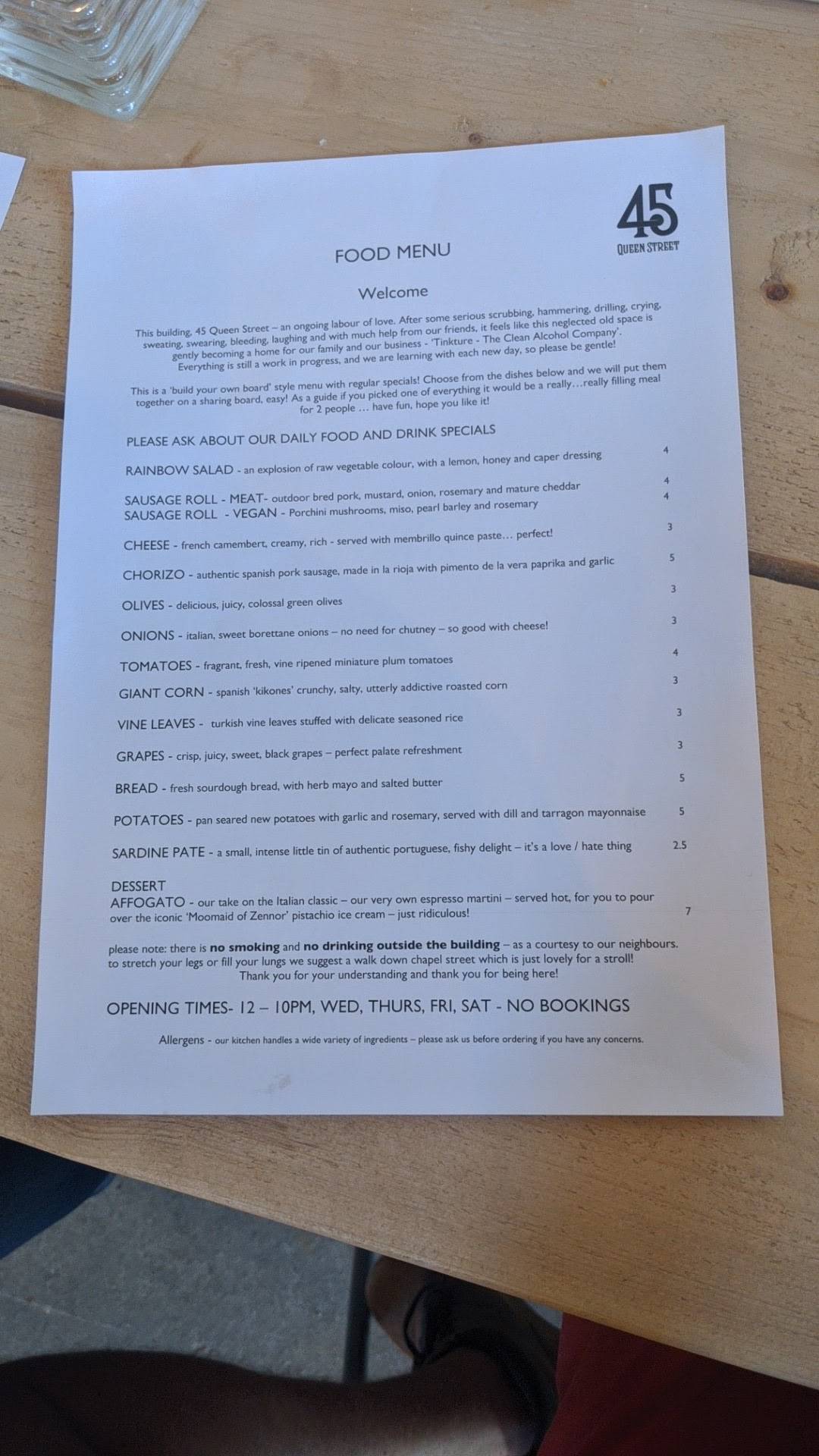 Menu at 45 Queen Street restaurant, Penzance