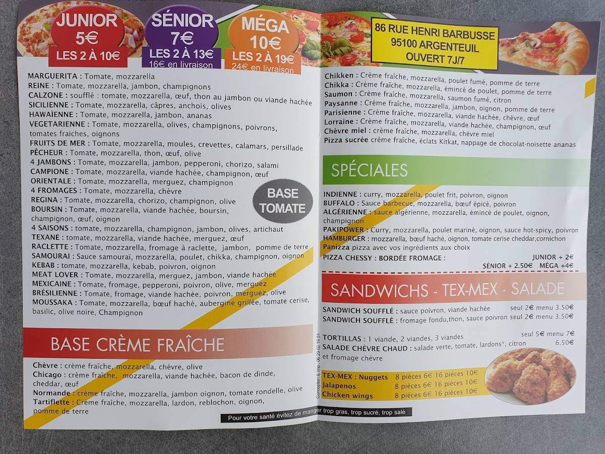 Menu au 5 Pizza restaurant, Argenteuil