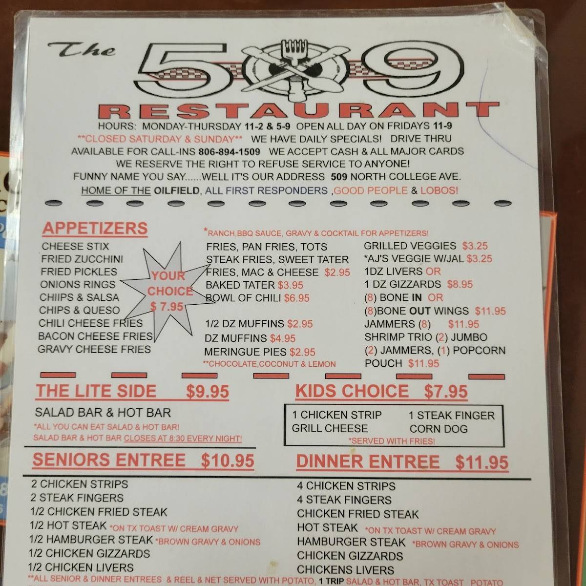 Menu at 509 Restaurant, Levelland