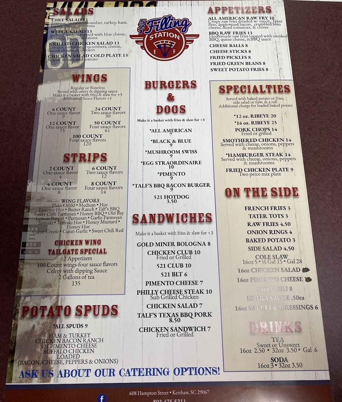 Menu at 521 Filling Station BBQ, Kershaw