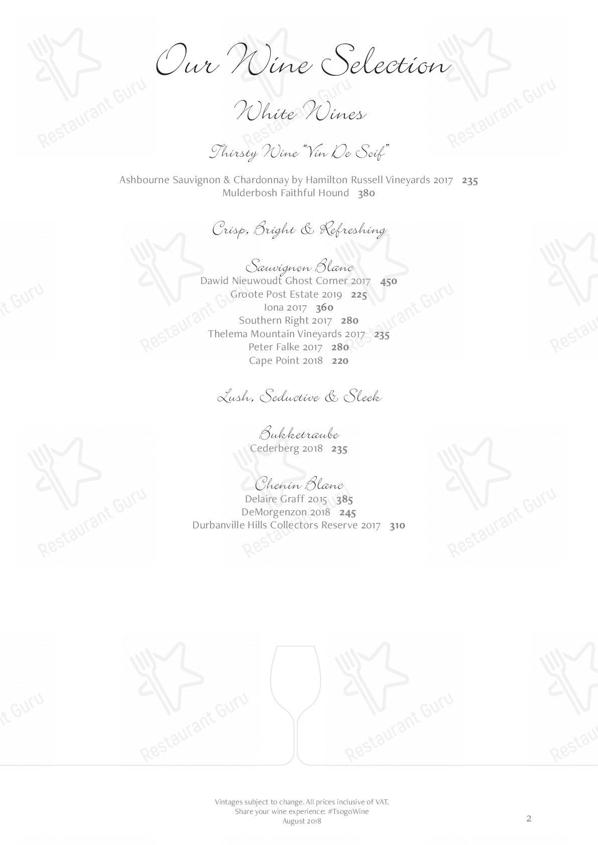 Menu at 54 on Bath restaurant, Johannesburg