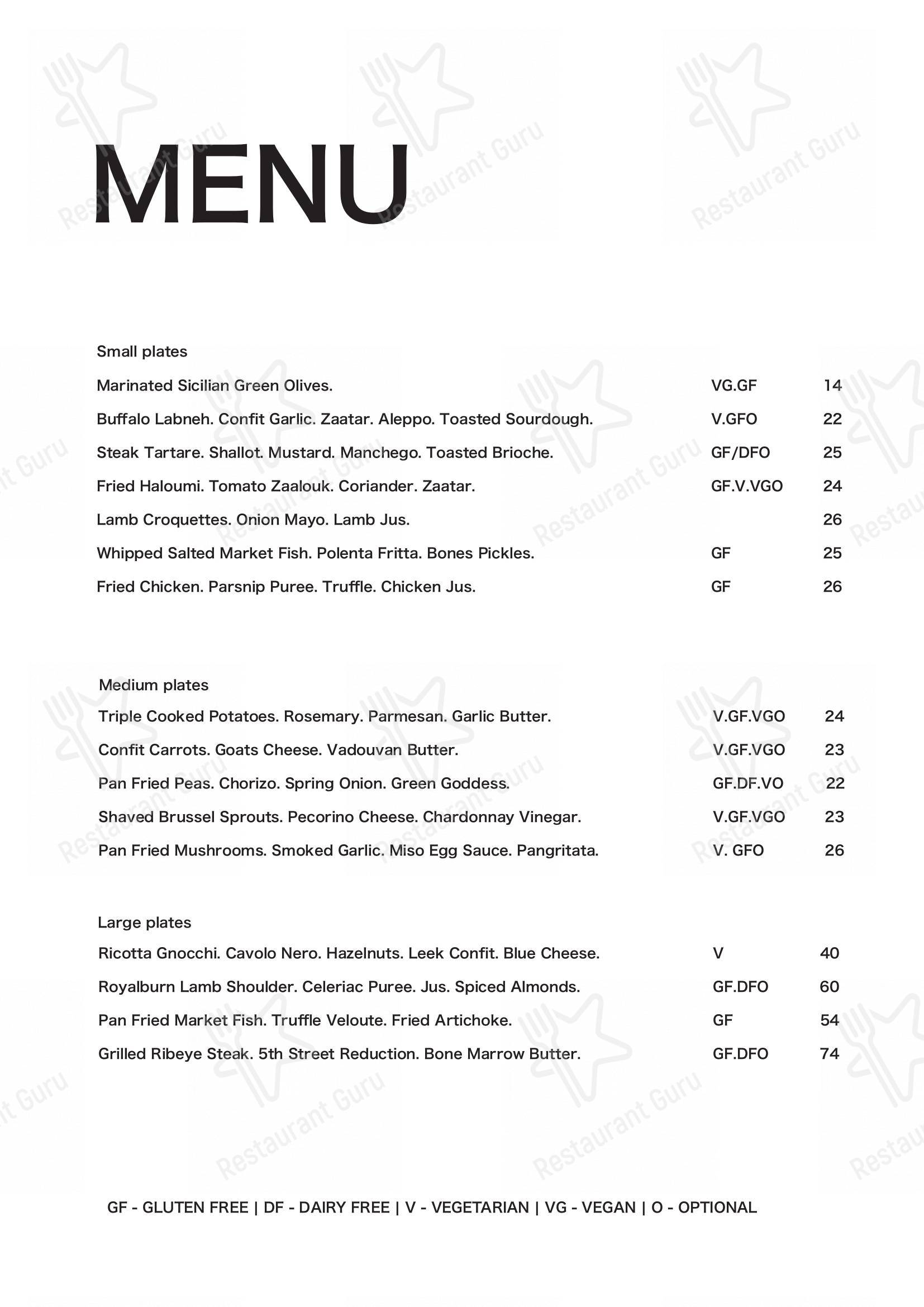 Menu at 5th Street restaurant, Christchurch