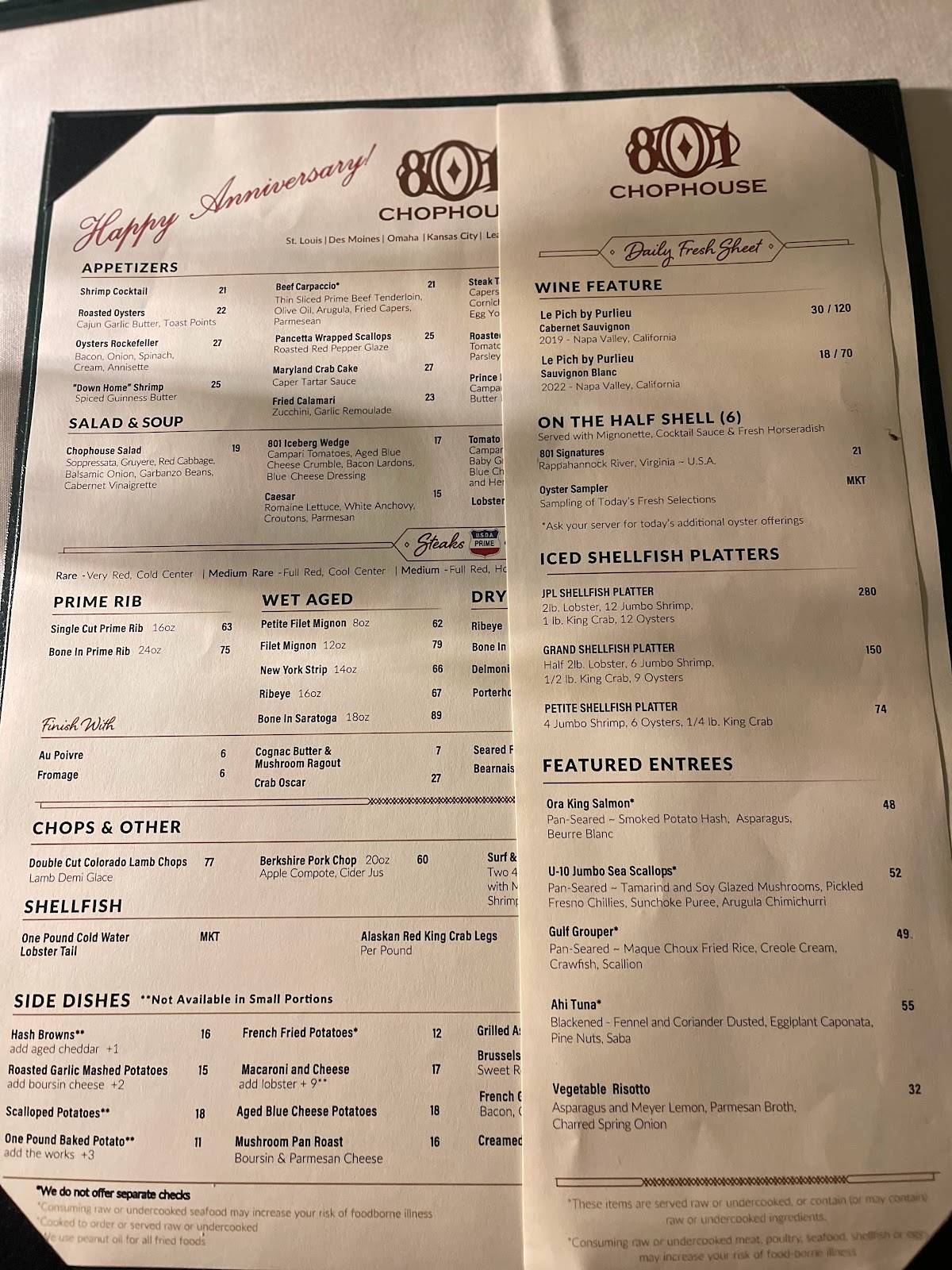 Menu at 801 Chophouse steakhouse, Clayton