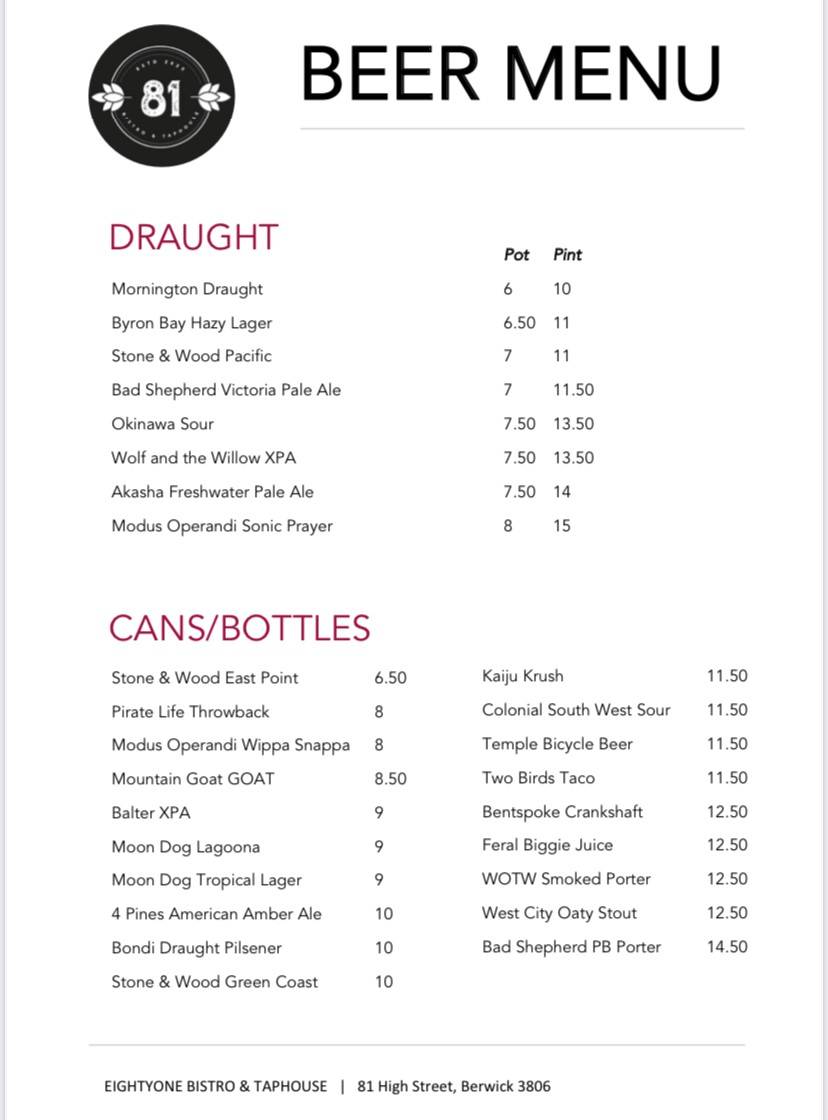 Menu at 81 Bistro & Taphouse restaurant, Berwick