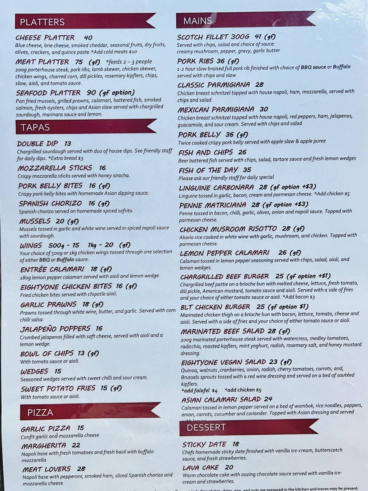 Menu at 81 Bistro & Taphouse restaurant, Berwick