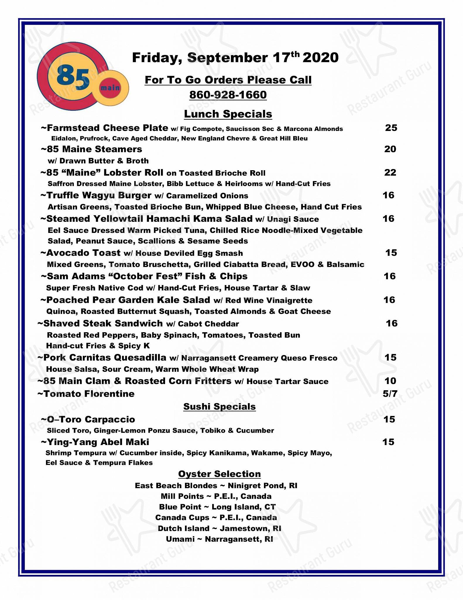 Menu at 85 Main restaurant, Putnam, 85 Main Street