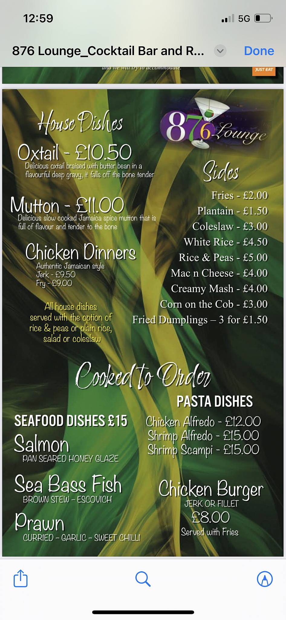 Menu at 876 Lounge restaurant, Dudley