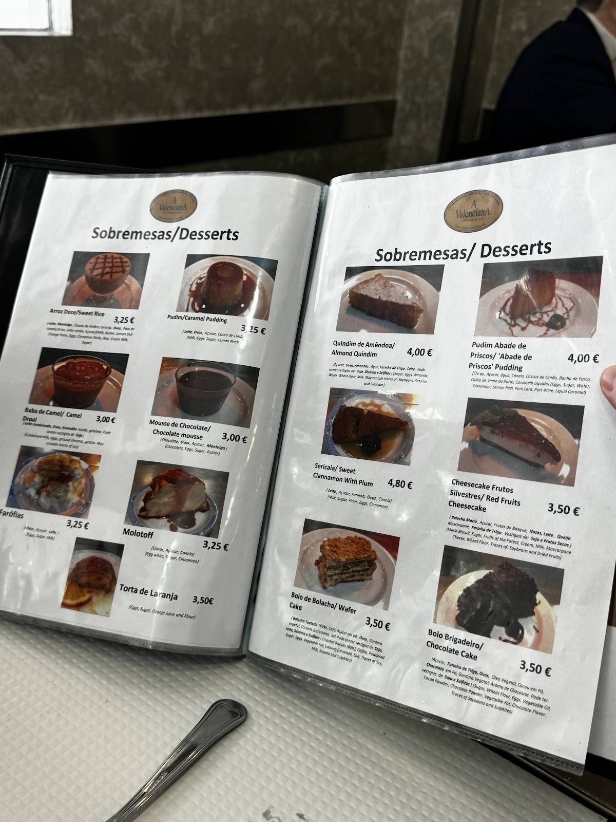 Menu at A Valenciana restaurant, Lisbon