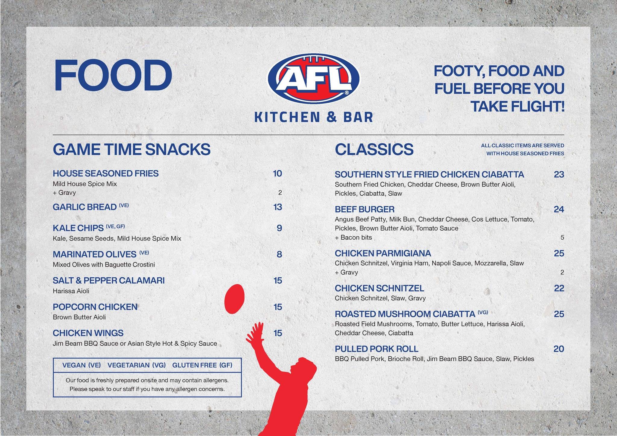 Menu at AFL Kitchen & Bar, Melbourne Airport, Level 1