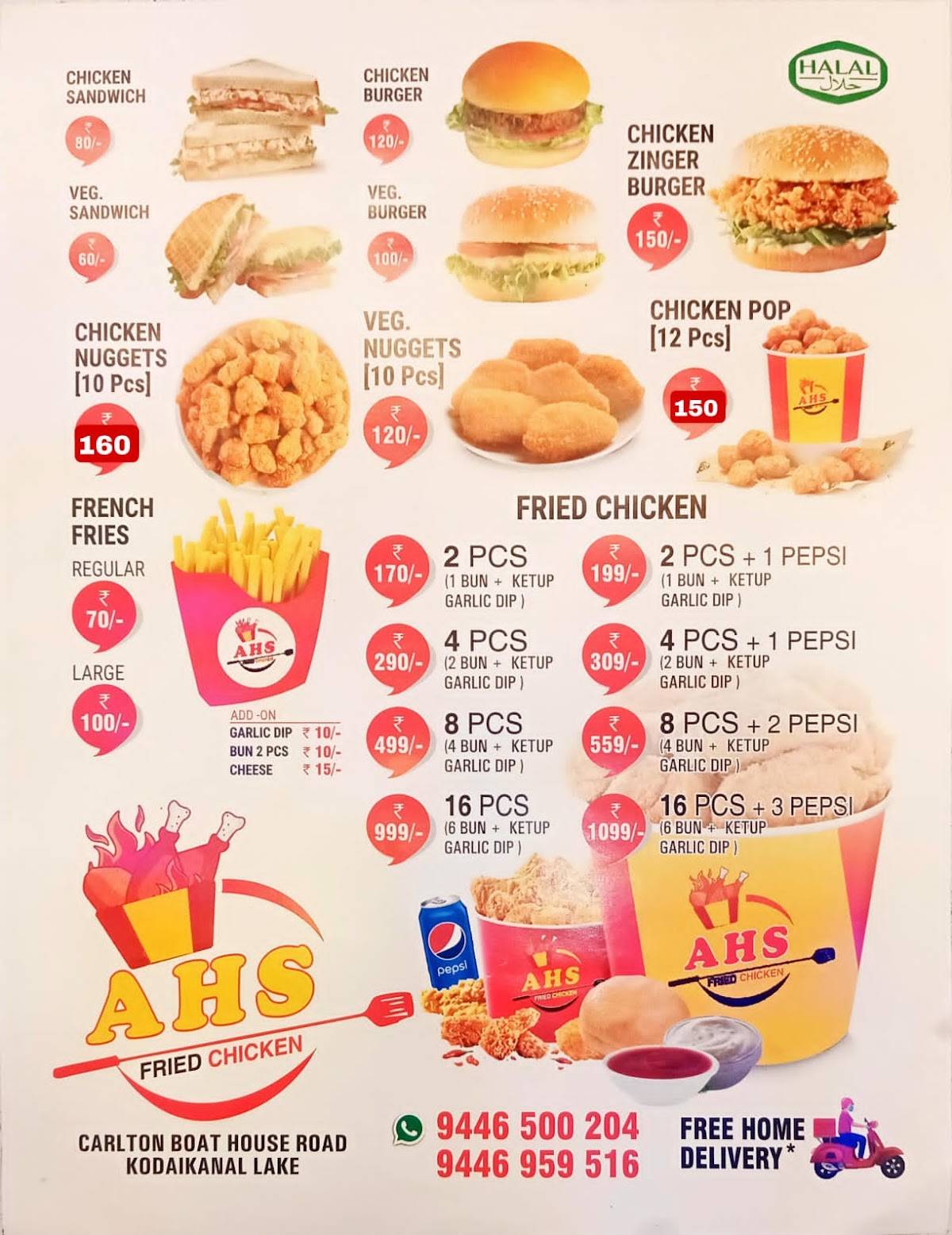 Menu at AHS Fried Chicken, Kodaikanal
