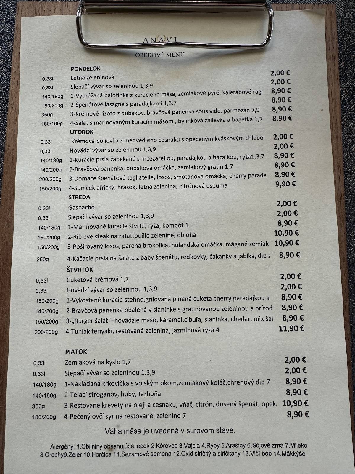 Menu at ANAVI Restaurant & Bar, Bratislava