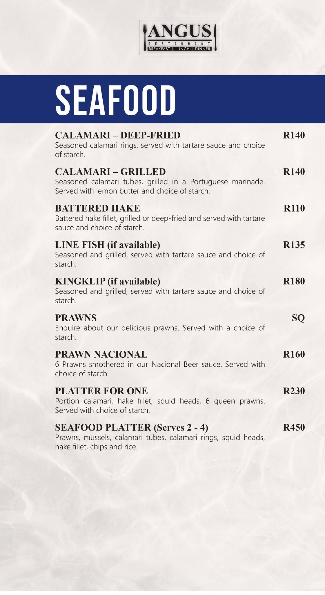Menu at ANGUS GRILL restaurant, Boksburg