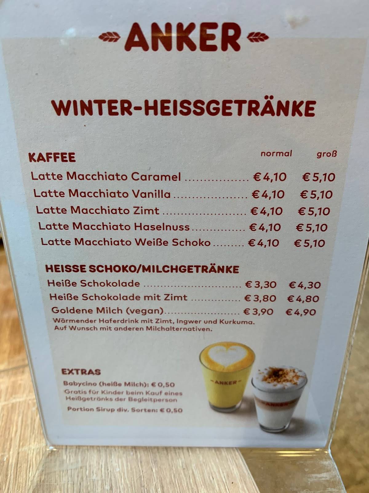 Menu at ANKER cafe, Vienna, Schubertring 9