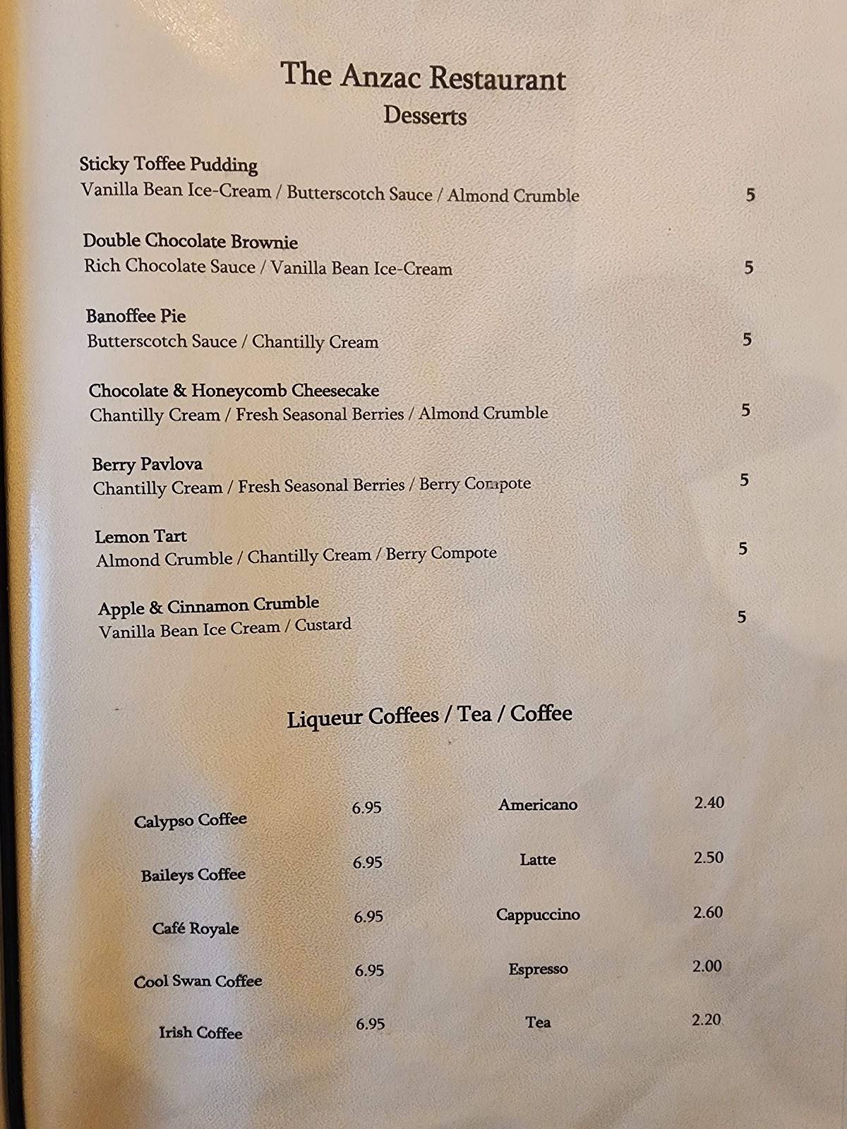 Menu at ANZAC BAR, RESTAURANT & OFF SALES, Ballycastle