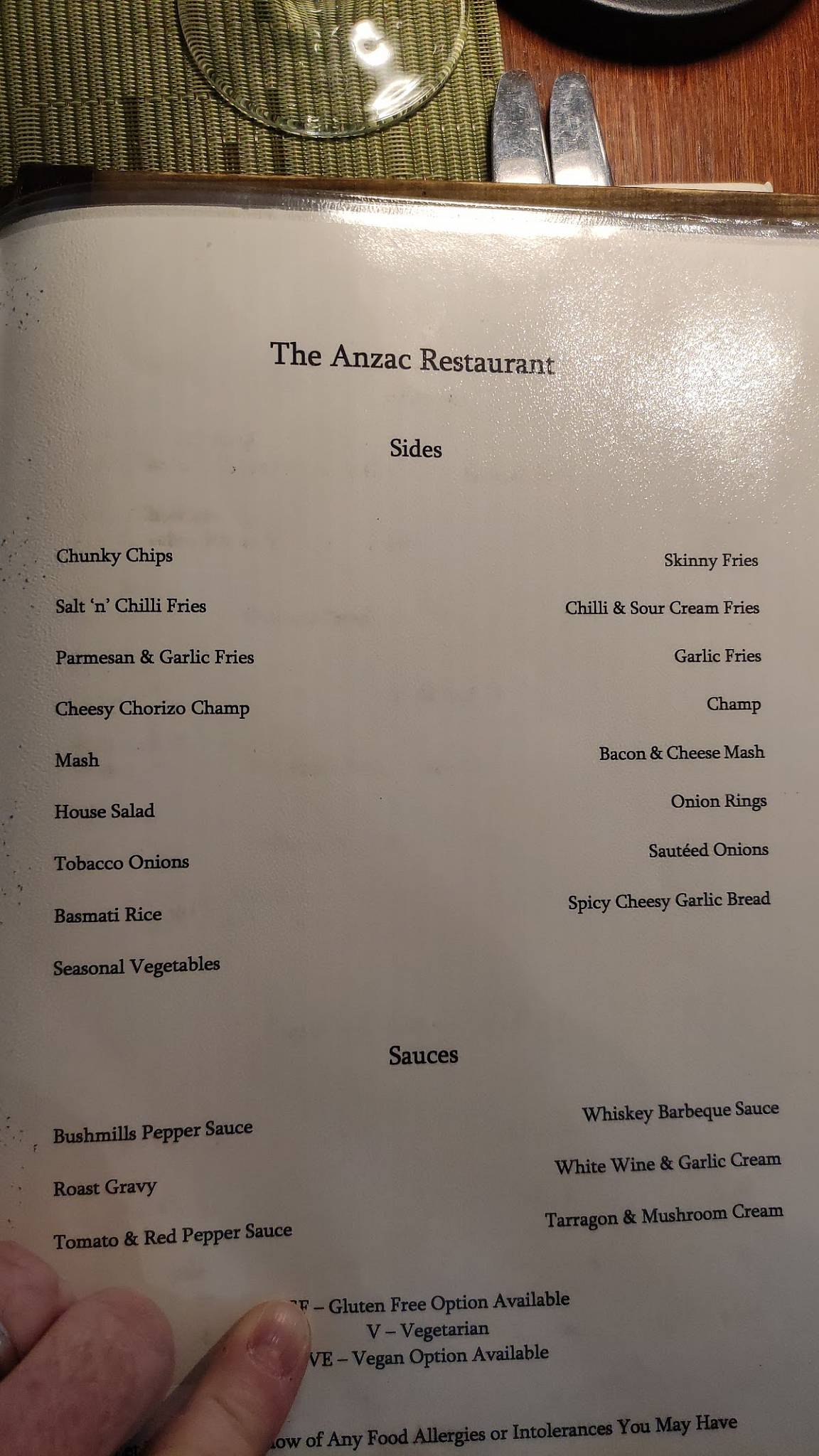 Menu at ANZAC BAR, RESTAURANT & OFF SALES, Ballycastle