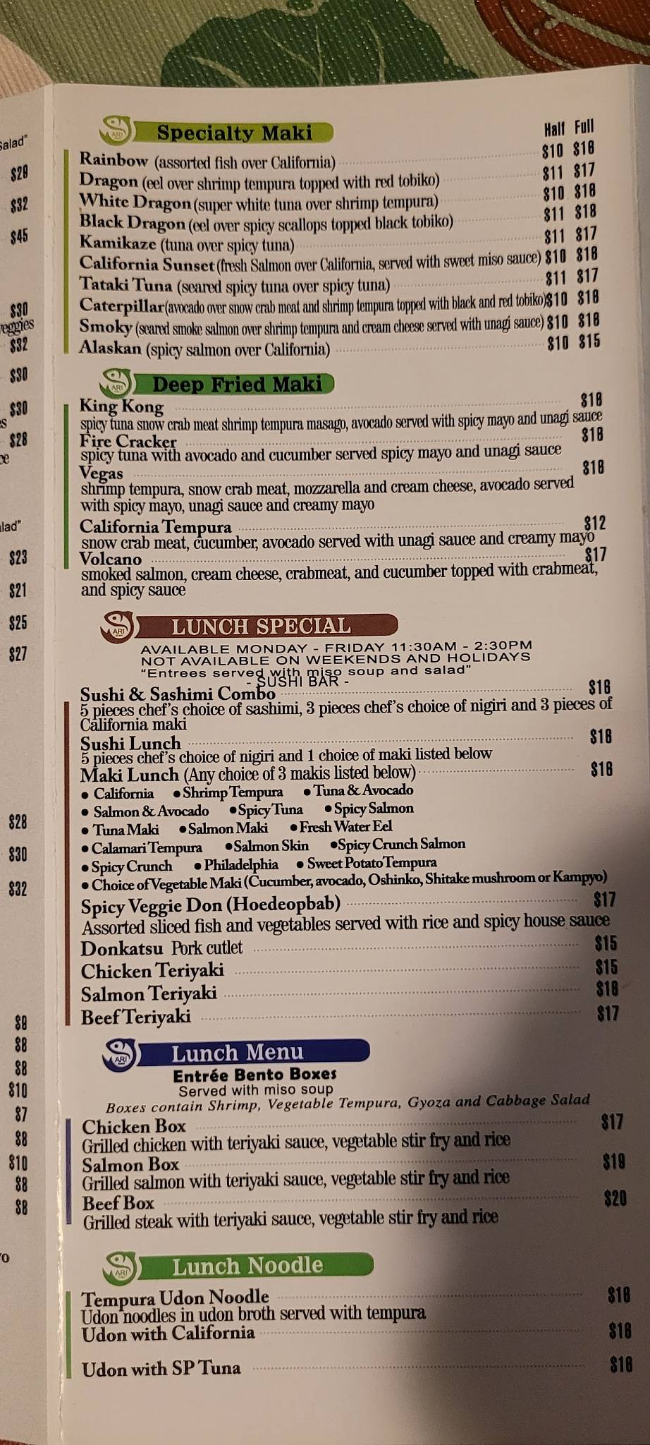 Menu at ARI Sushi Japanese Restaurant, Des Plaines
