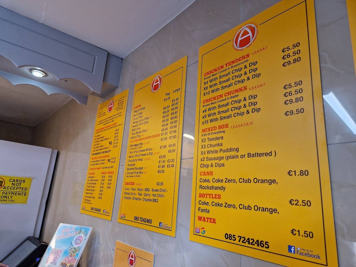Menu at Aarons Takeaway restaurant, Kilsheelan