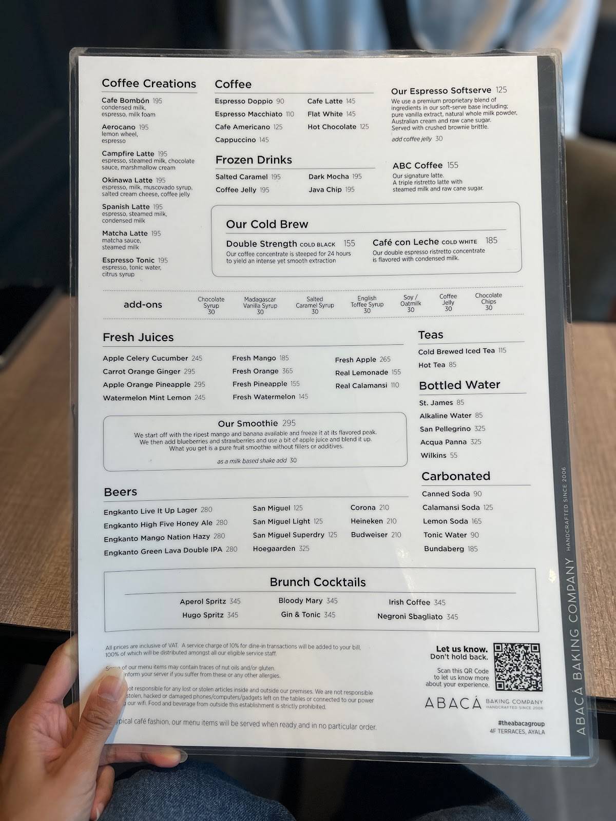 Menu at Abaca Baking Company Northwing restaurant, Cebu City