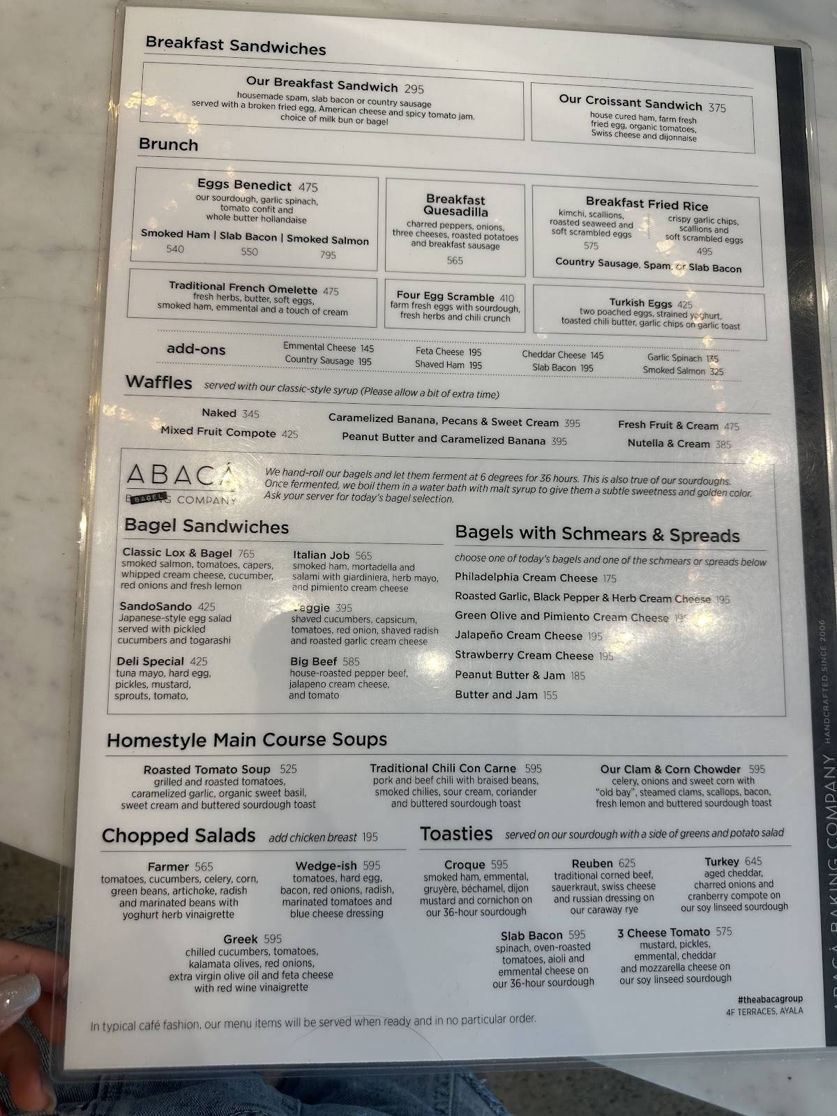 Menu at Abaca Baking Company Northwing restaurant, Cebu City