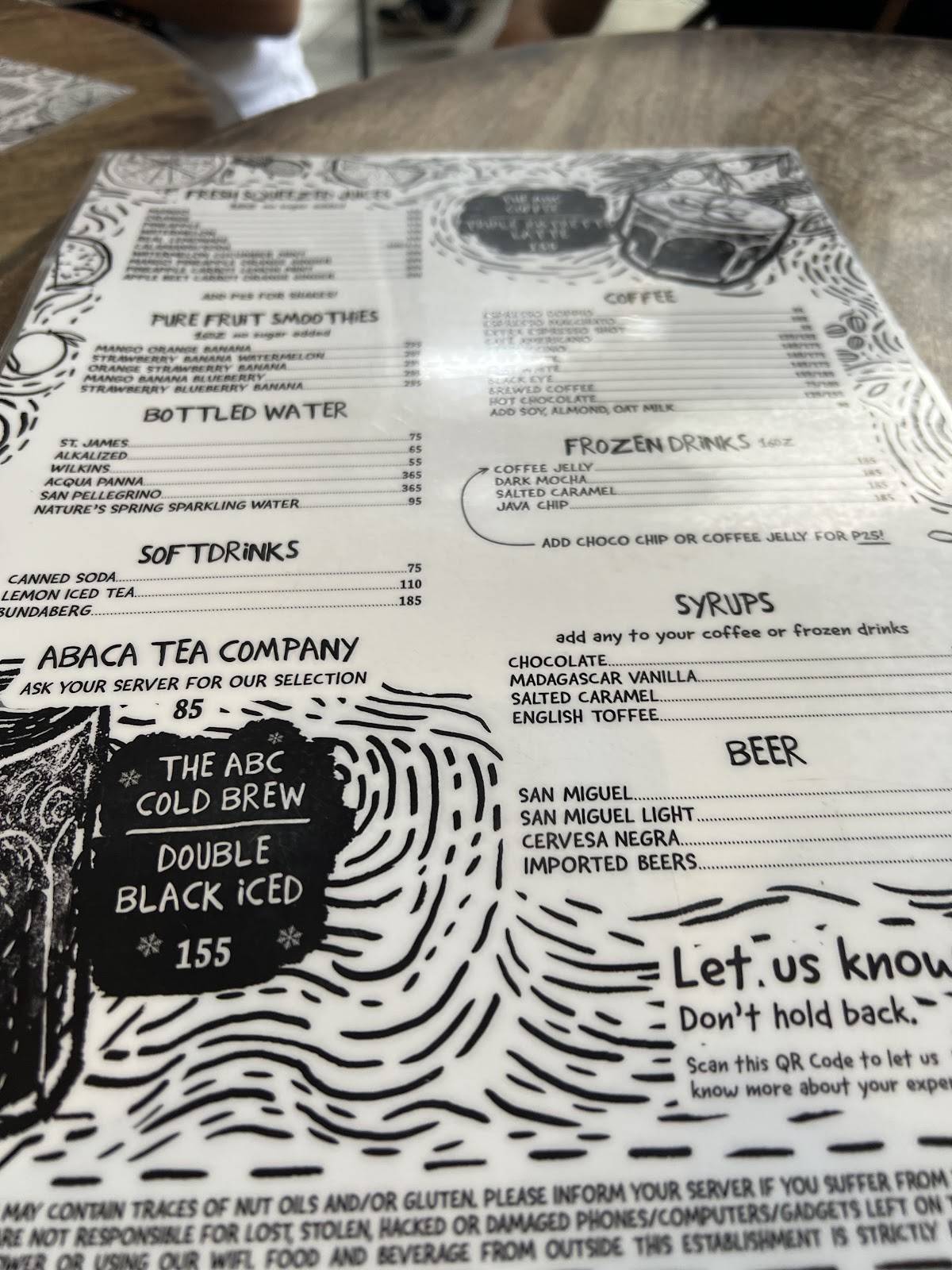 Menu at Abaca Baking Company Northwing restaurant, Cebu City