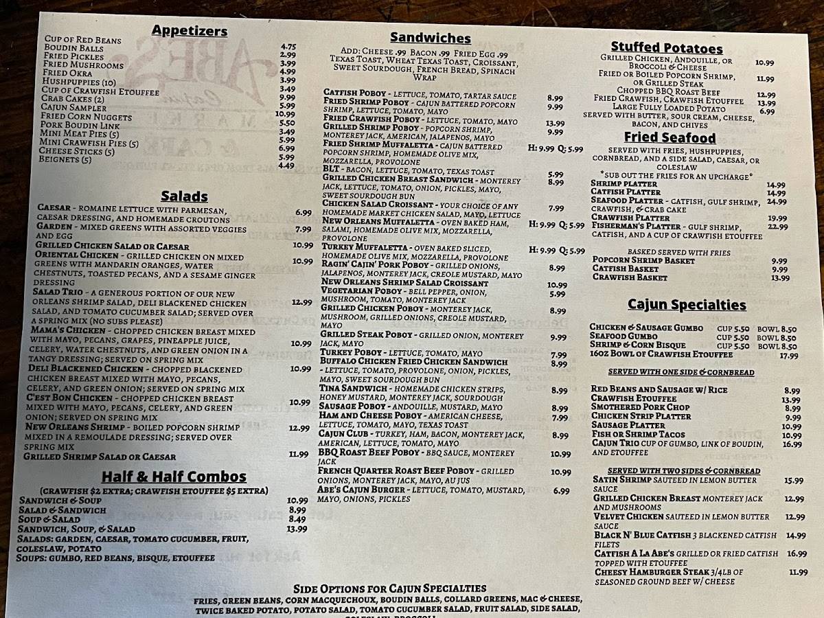 Menu at Abe's Cajun Market restaurant, Houston