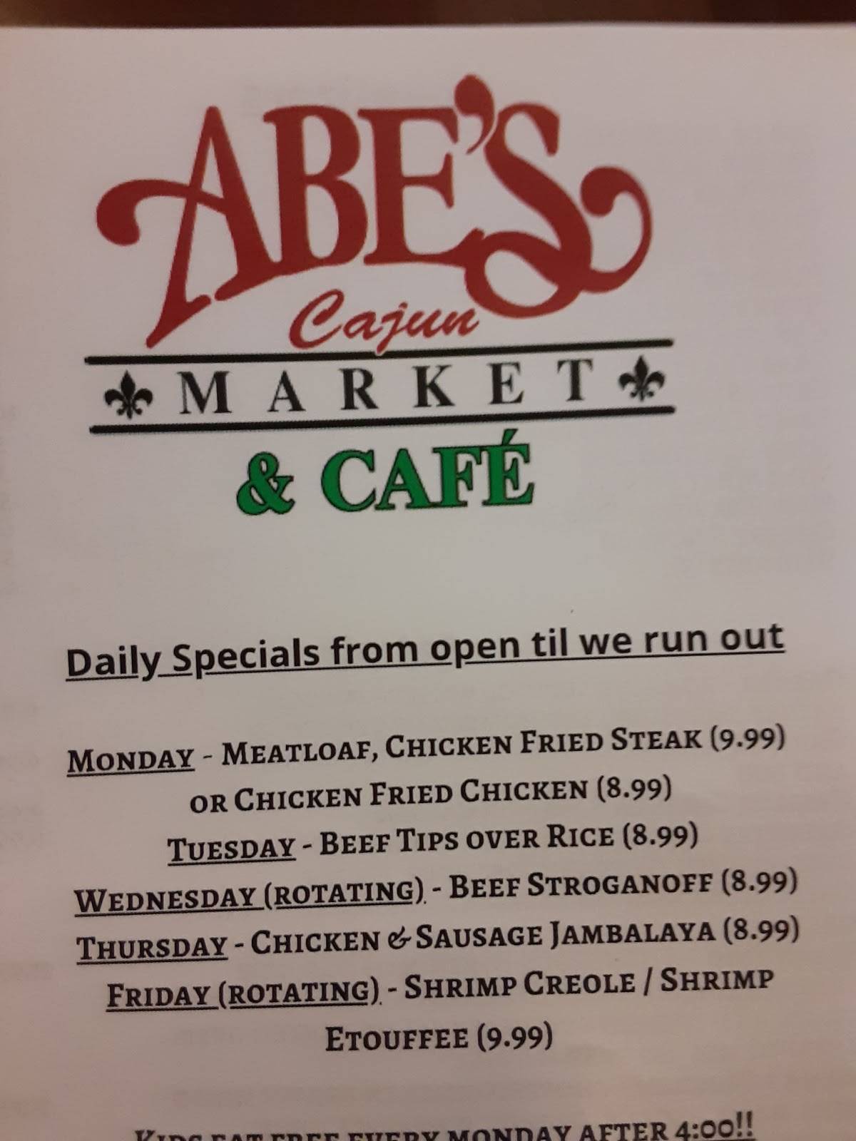 Menu at Abe's Cajun Market restaurant, Houston