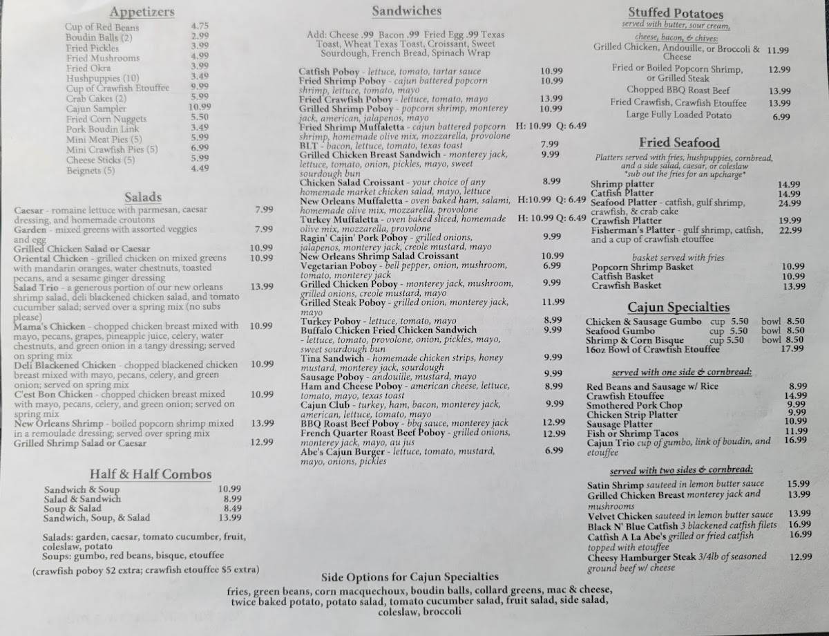 Menu at Abe's Cajun Market restaurant, Houston