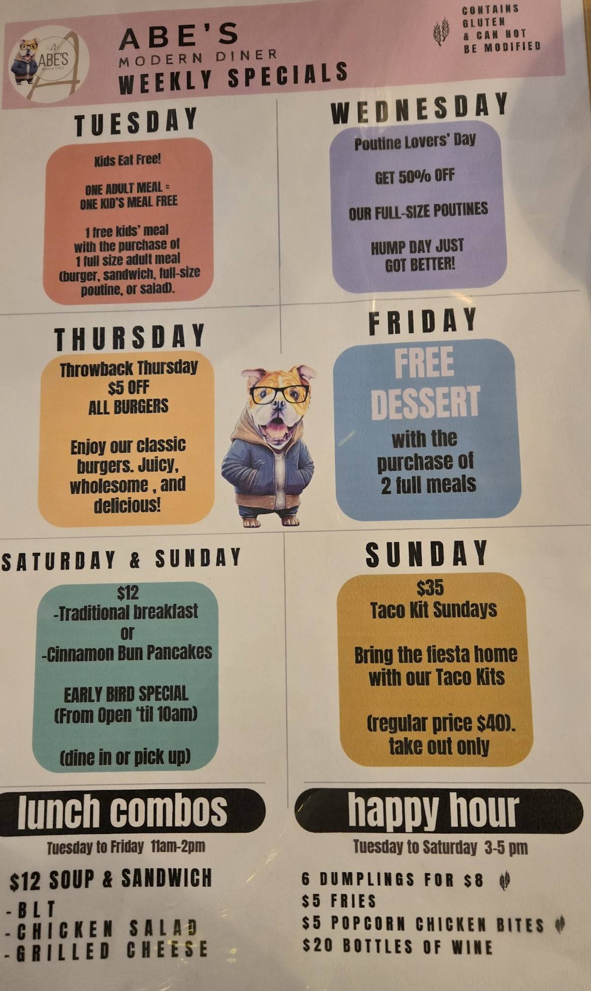 Menu at Abe's Diner restaurant, Airdrie