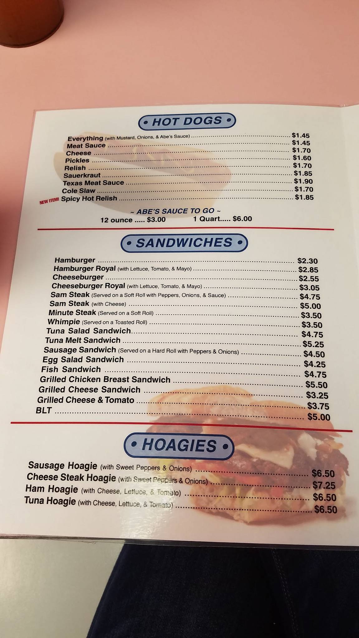 Menu at Abe's Hot Dogs restaurant, Wilkes-Barre, 210 Barney St