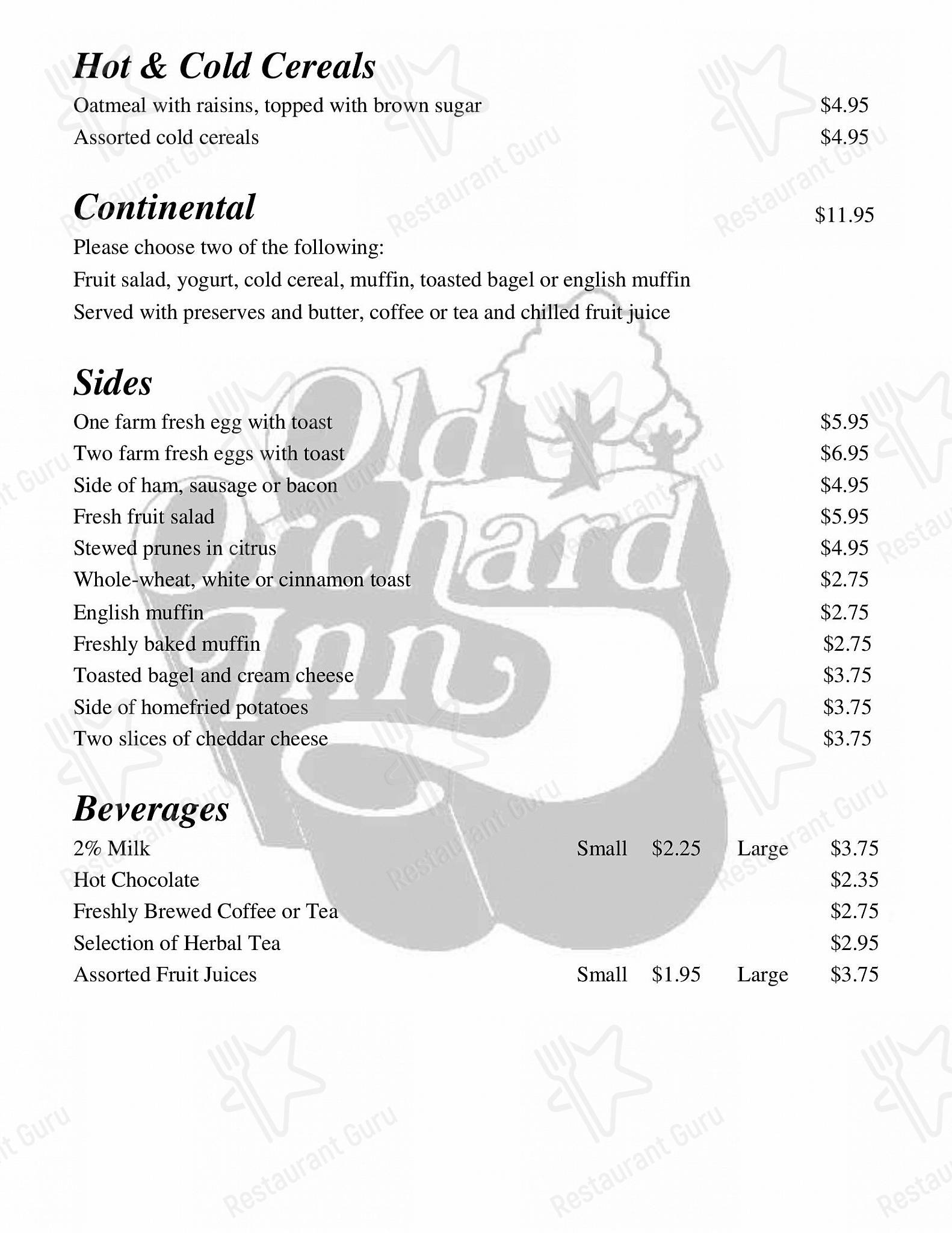 Menu at Old Orchard Inn restaurant, Wolfville