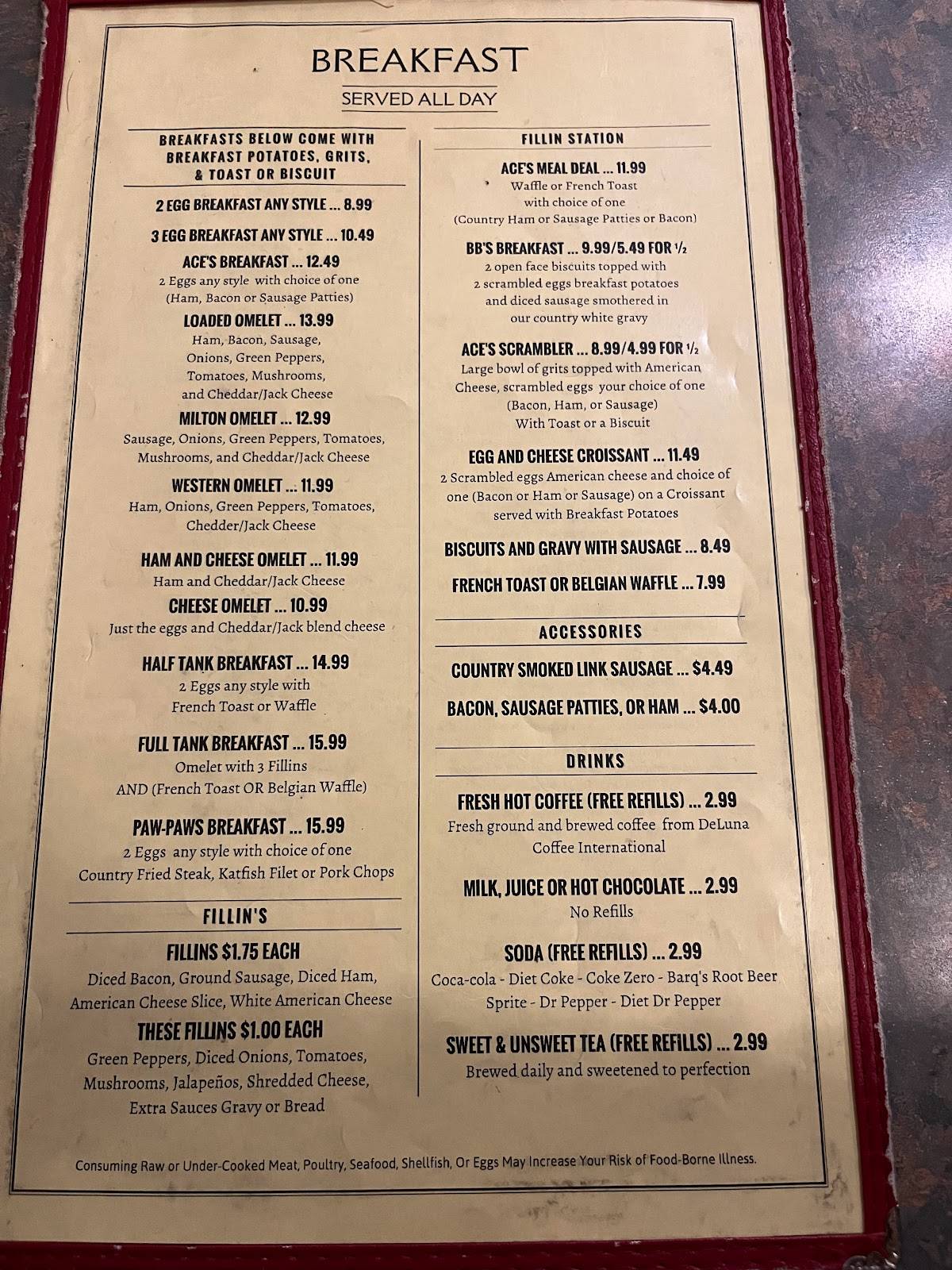 Menu at Ace's Restaurant, Milton