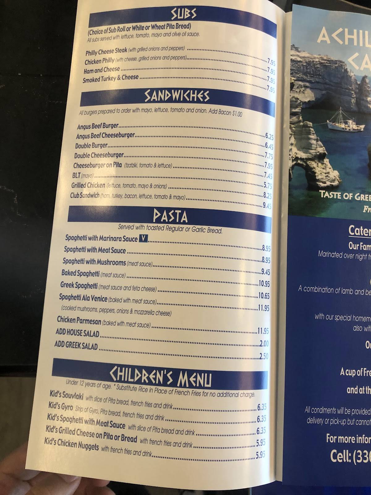 Menu at Achilles Grill restaurant, Greensboro, Battleground Ave