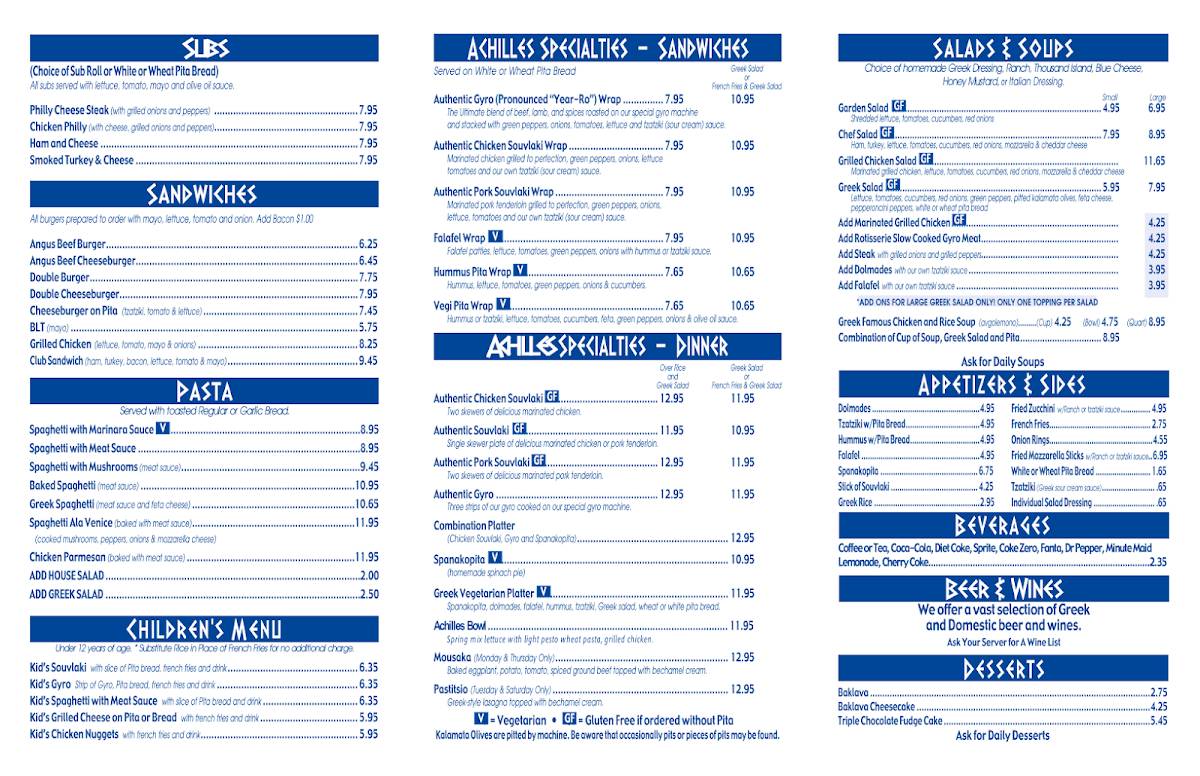 Menu at Achilles Grill restaurant, Greensboro, Battleground Ave