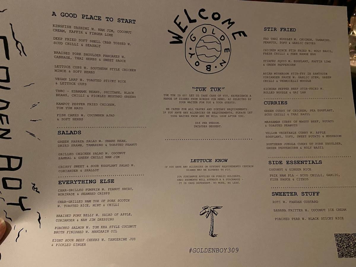 Menu at Golden Boy restaurant, Adelaide
