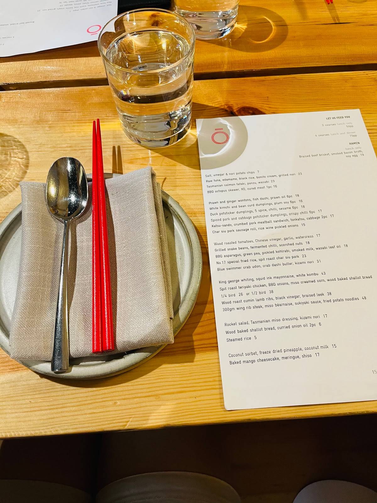 Menu at Shobosho restaurant, Adelaide